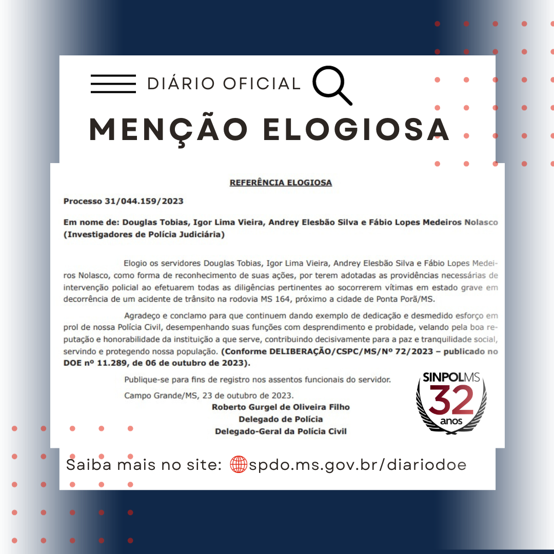 SINPOL-MS PC recebem referência elogiosa publicada no DOU