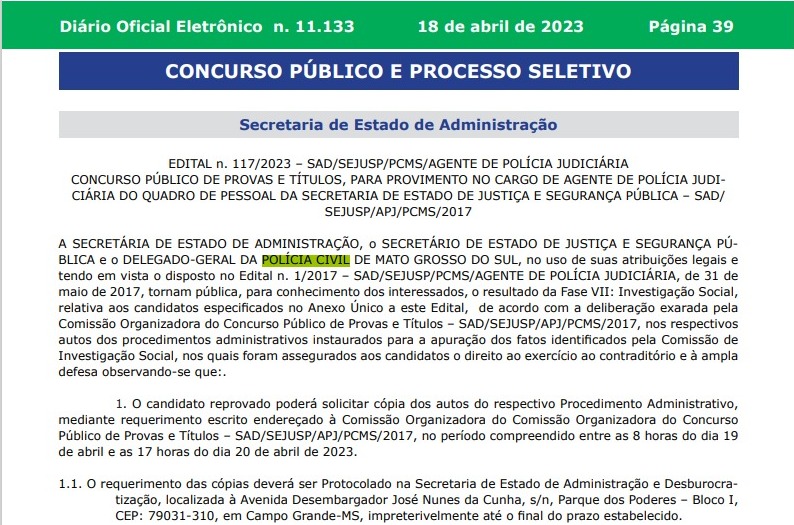 SINPOL-MS Diário Oficial divulga nomeações para Agente de Polícia Civil SINPOL-MS Diário Oficial divulga nomeações para Agente de Polícia Civil